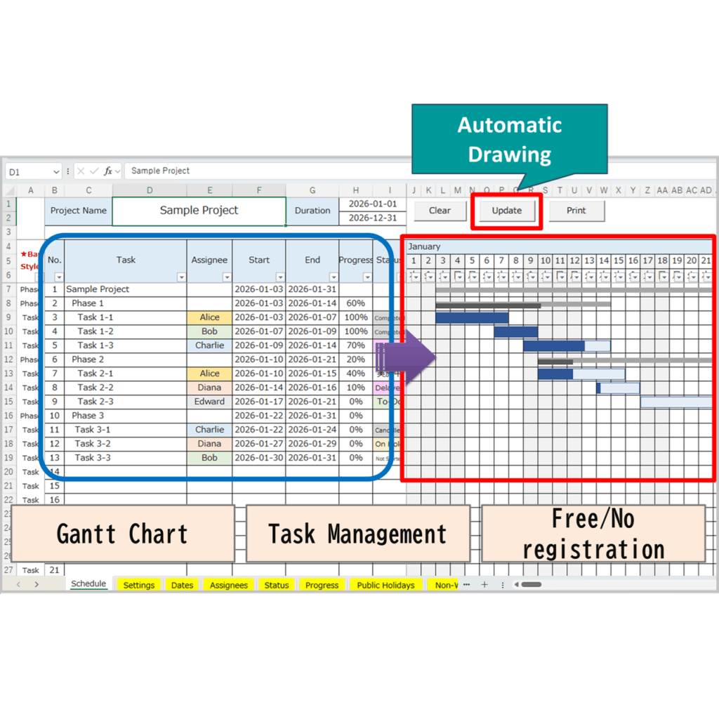 Free Excel Gantt Chart Template (Daily Schedule with VBA Auto-Drawing ...